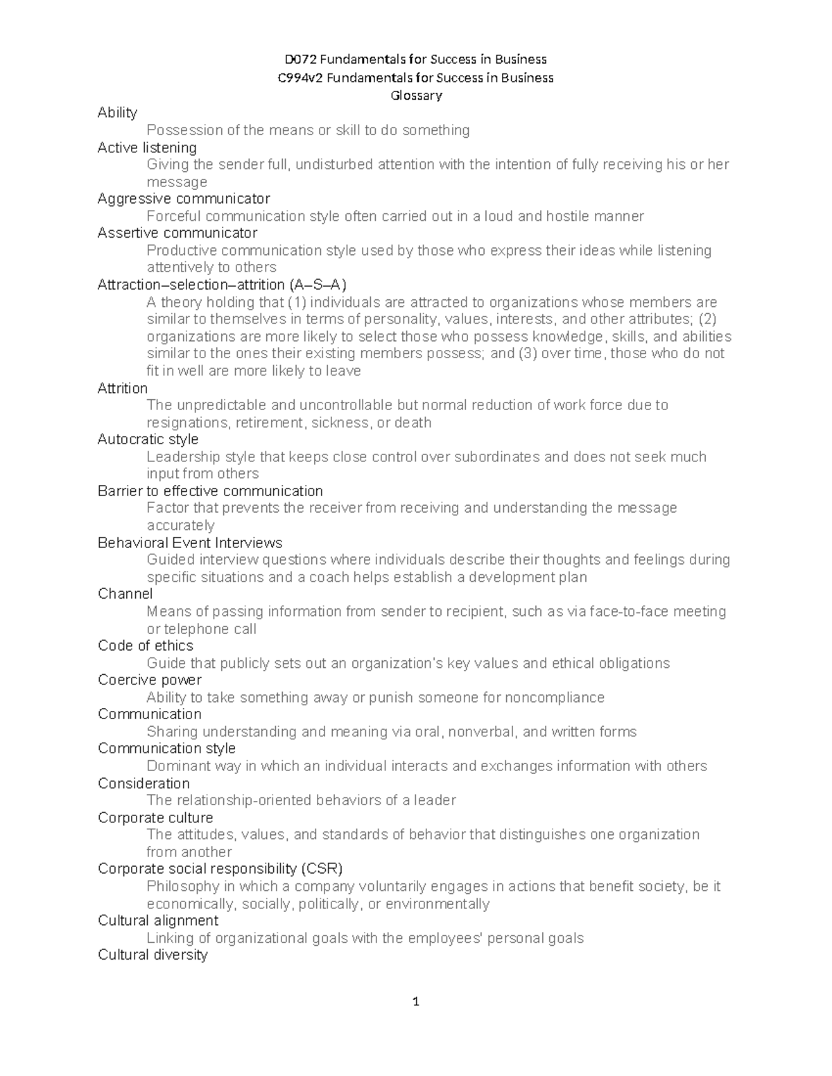 Glossary - Vocabulary - C994v2 Fundamentals for Success in Business ...