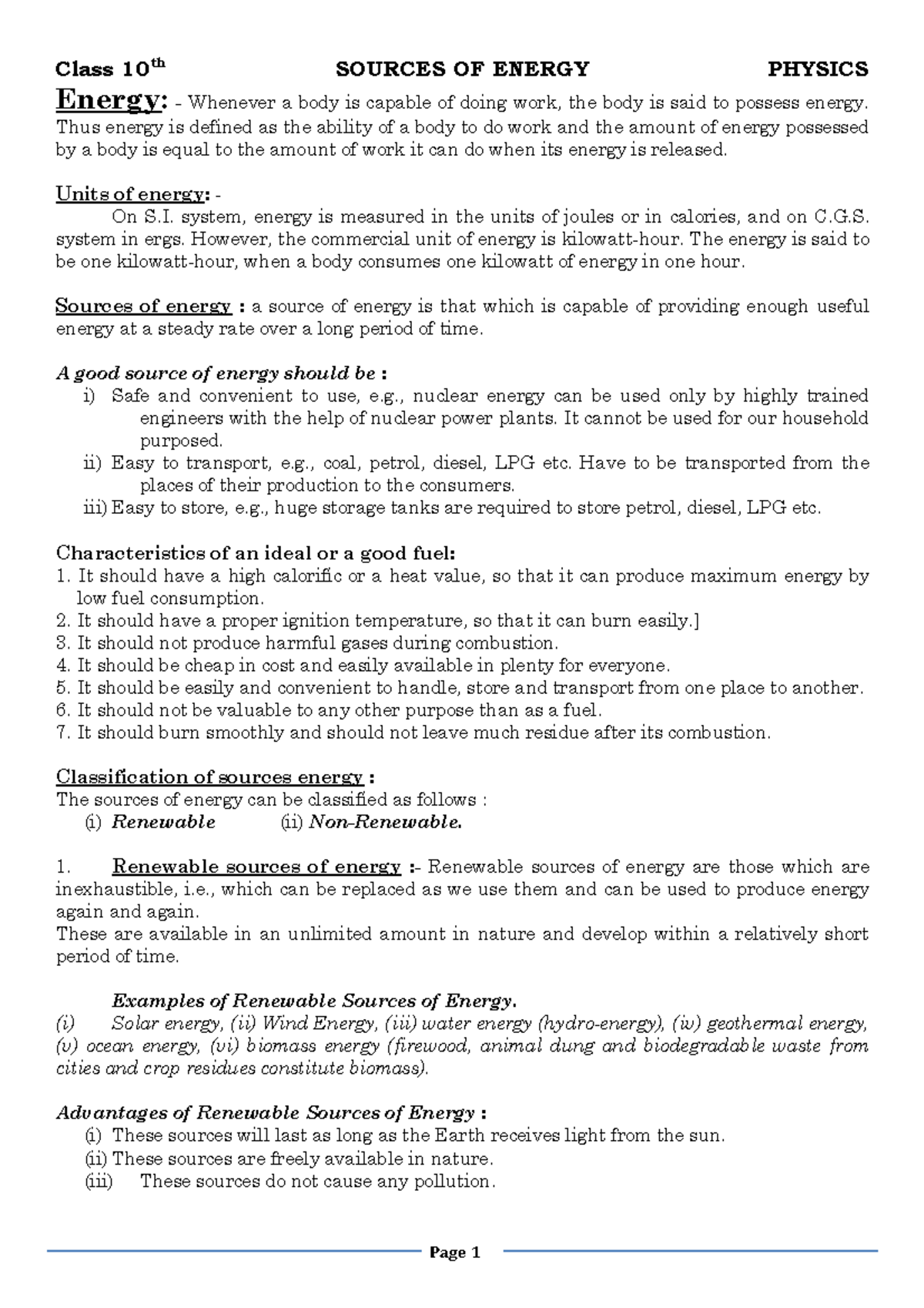 Class 10th Physics: Sources of Energy Notes - Studocu