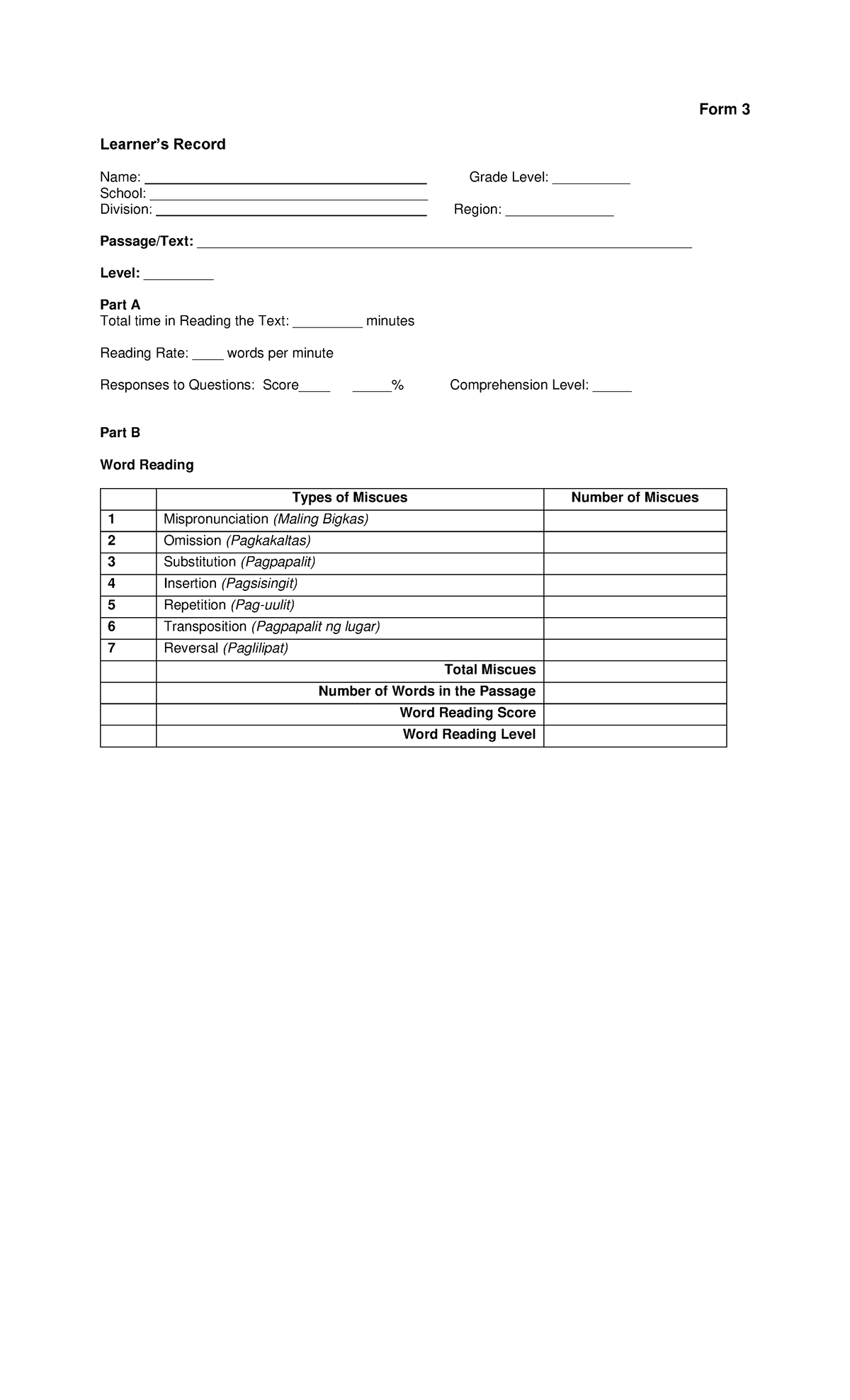 PHIL-IRI SCORESHEET - Form 3 Learner’s Record Name: Grade Level ...