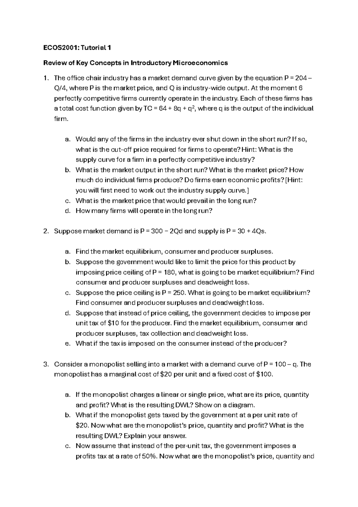 ECOS2001: Tutorial 1 Key Concepts in Microeconomics Analysis - Studocu