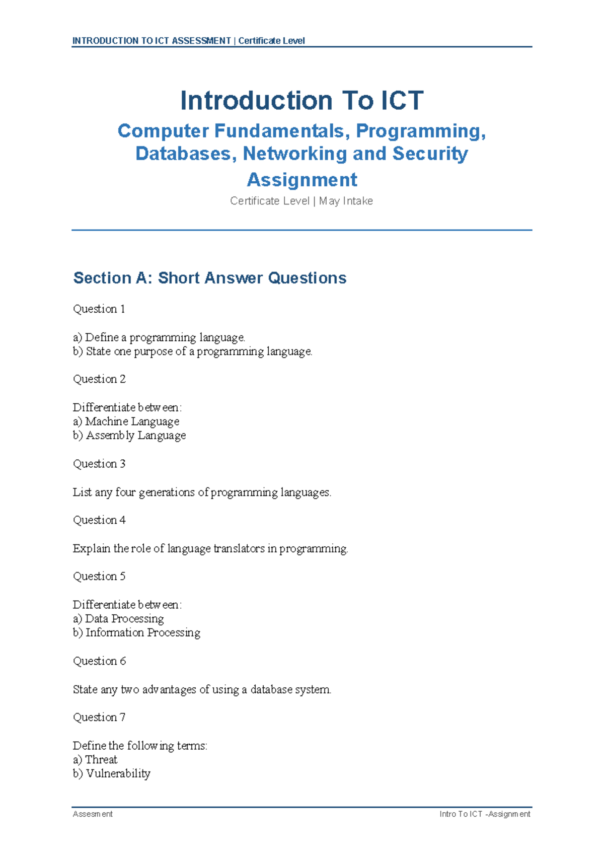 ICT Assessment Assignment - Certificate Level - Studocu