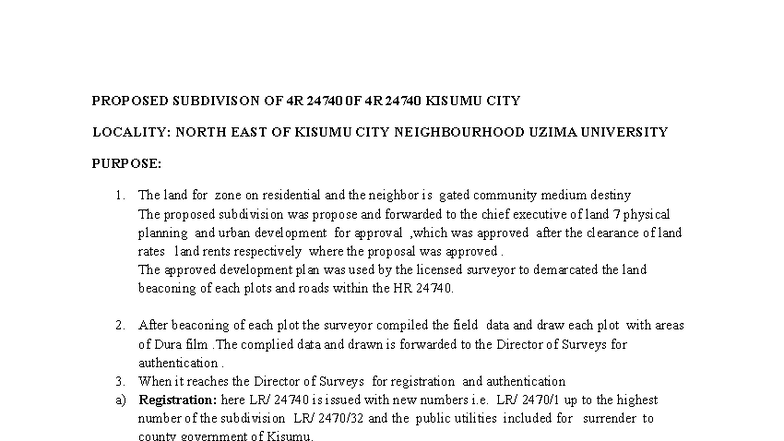 Proposed Subdivision Plan for 4R 24740, Kisumu City - Studocu