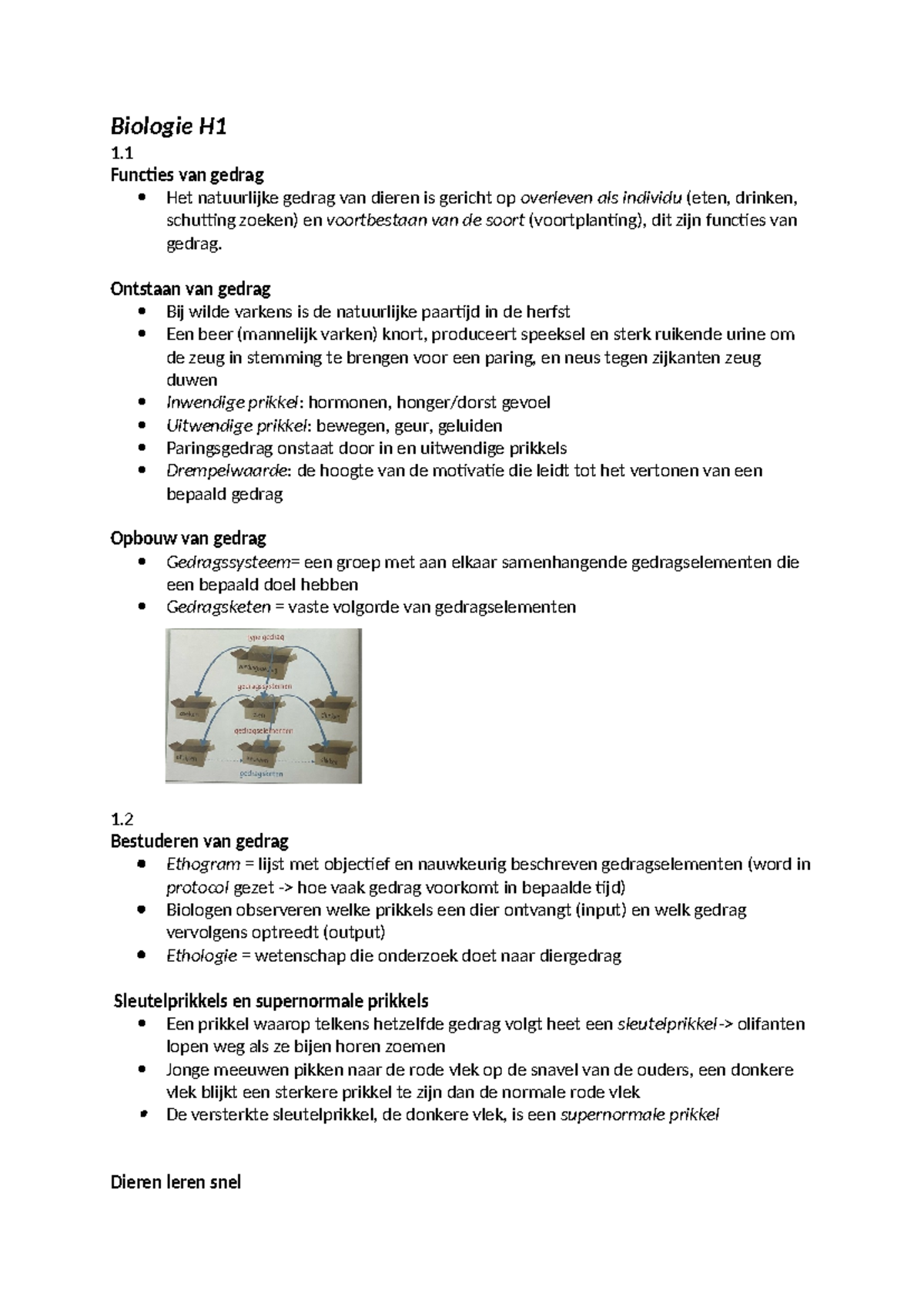 Biologie H1 - Functies en Ontstaan van Gedrag in Dieren - Studeersnel