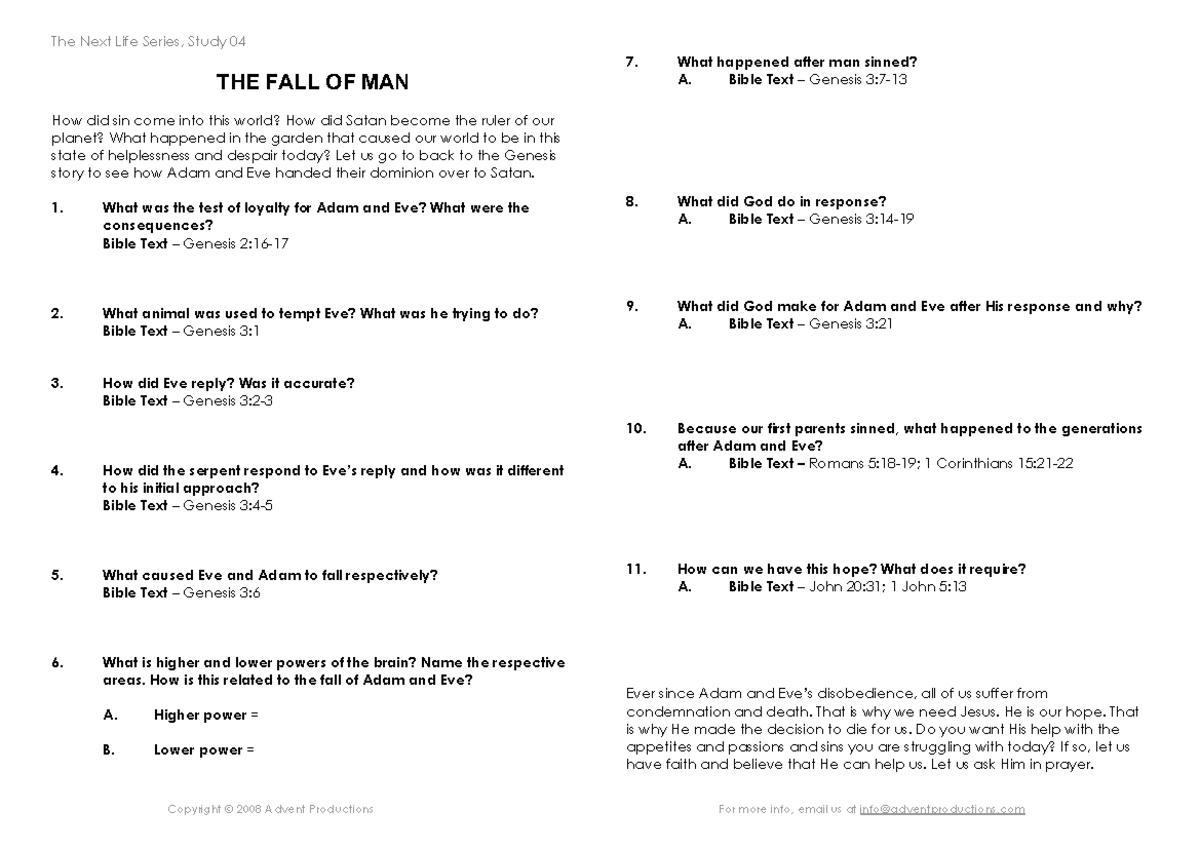04 The Fall of Man - handout - The Next Life Series, Study 04 Copyright ...