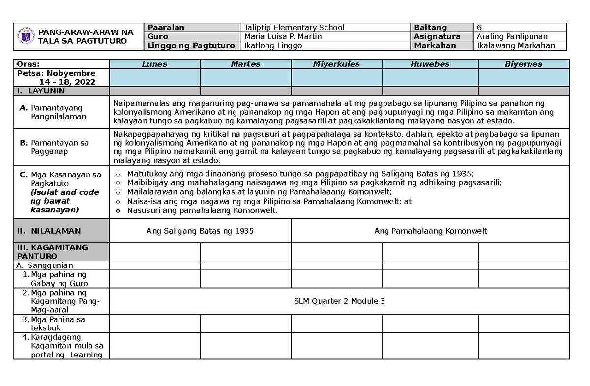 AP 6 DLP Q2-WEEK 3 - Lesson Plan sa Araling Panlipunan - Studocu