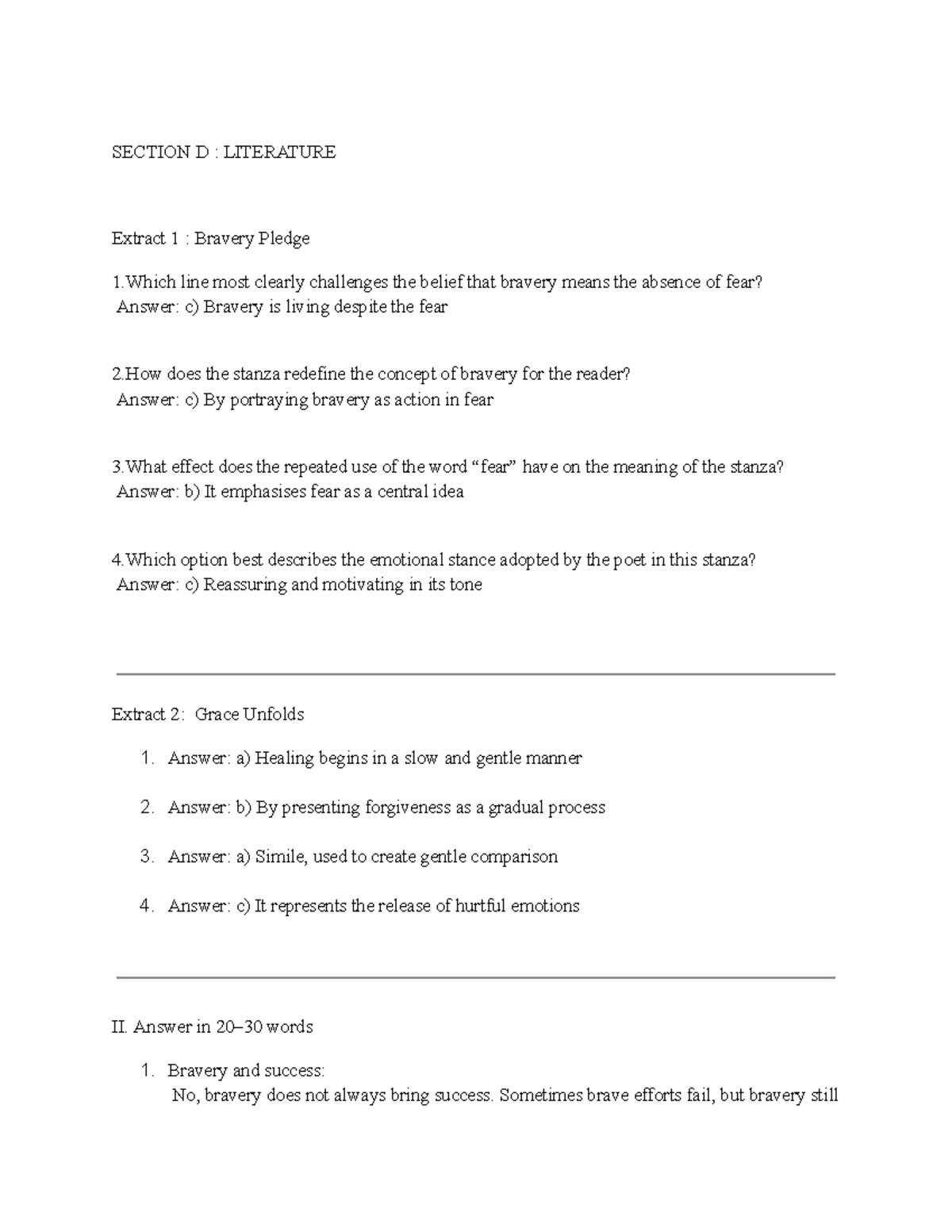 Literature Revision: Answer Key for Bravery & Forgiveness Concepts ...