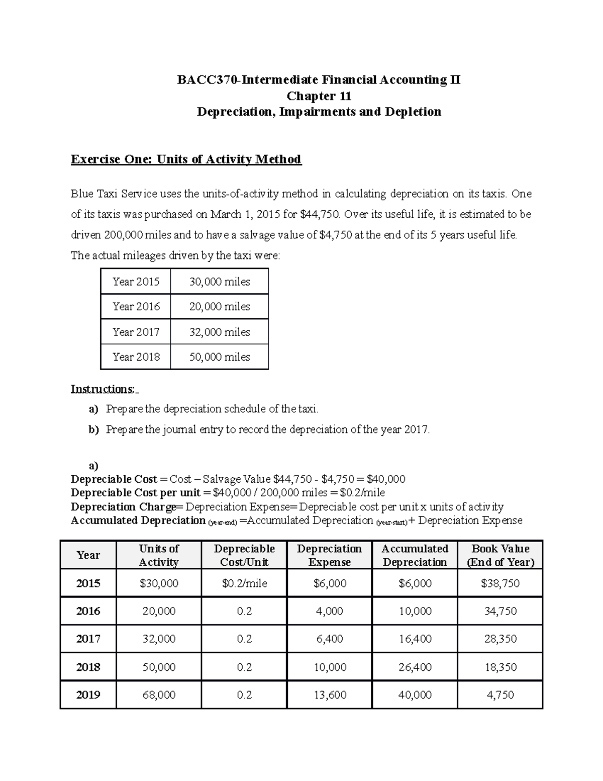 BACC370 - Chapter 11 Exercises on Depreciation Methods - Studocu