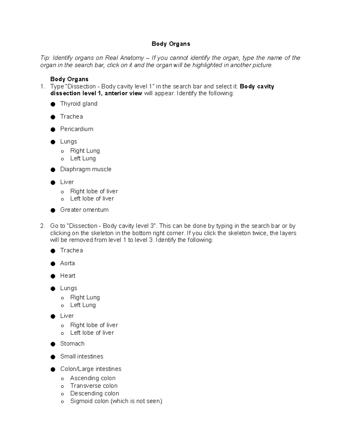 Real Anatomy Lab Guide: Identifying Body Organs - Studocu
