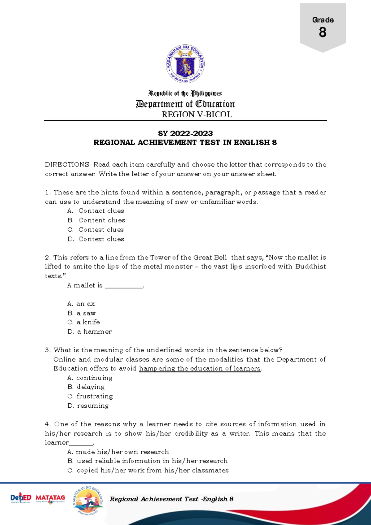 RAT English 8 - Regional Achievement Assessment Test Guide - Studocu