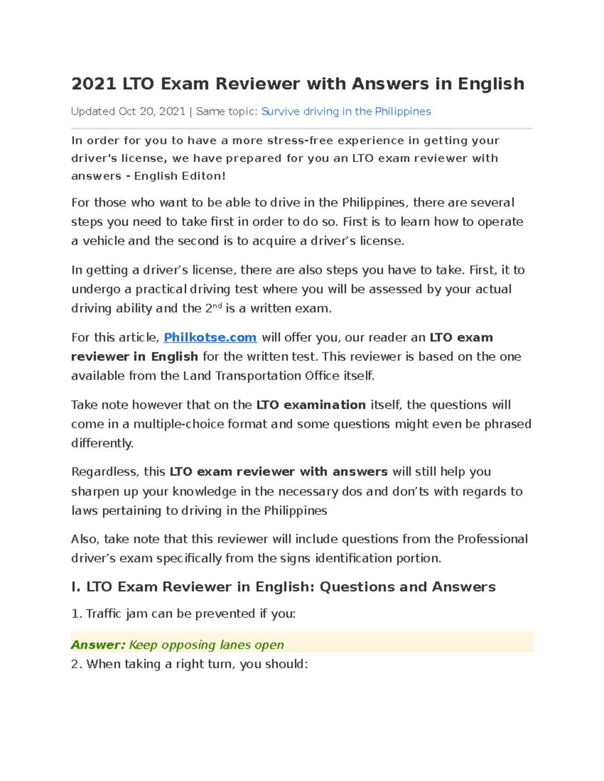 2021 LTO Exam Reviewer with Answers in English - International Tourism ...