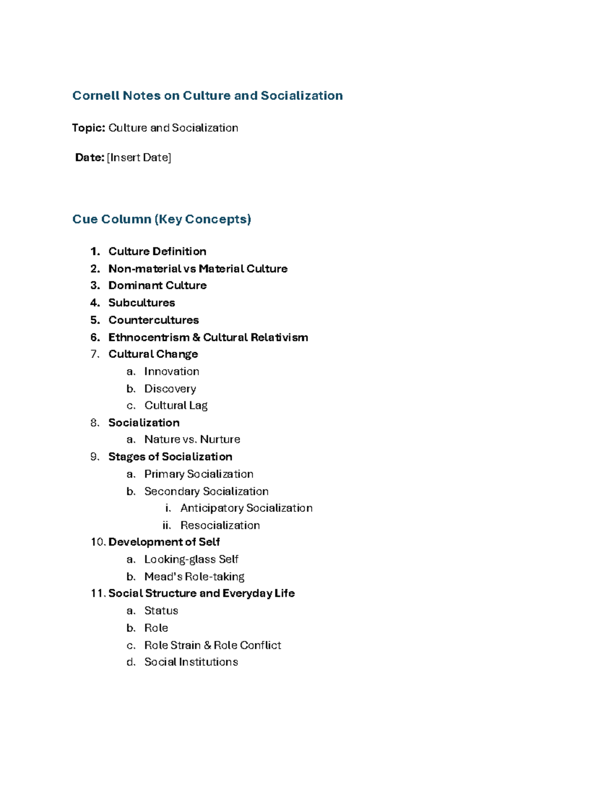 Lesson 2 SOCS - week 2 notes - Cornell Notes on Culture and ...