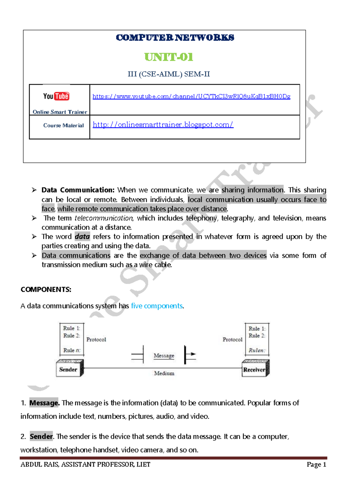 CN-UNIT-01 - Computer networks Unit 1 - data 54 Data Communication ...