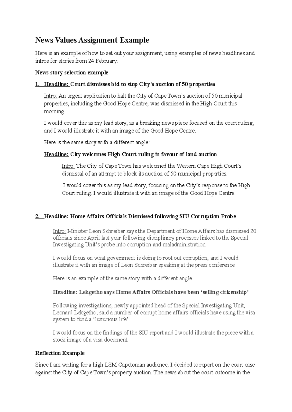 News Values Assignment: Analyzing Headlines & Intros - Studocu