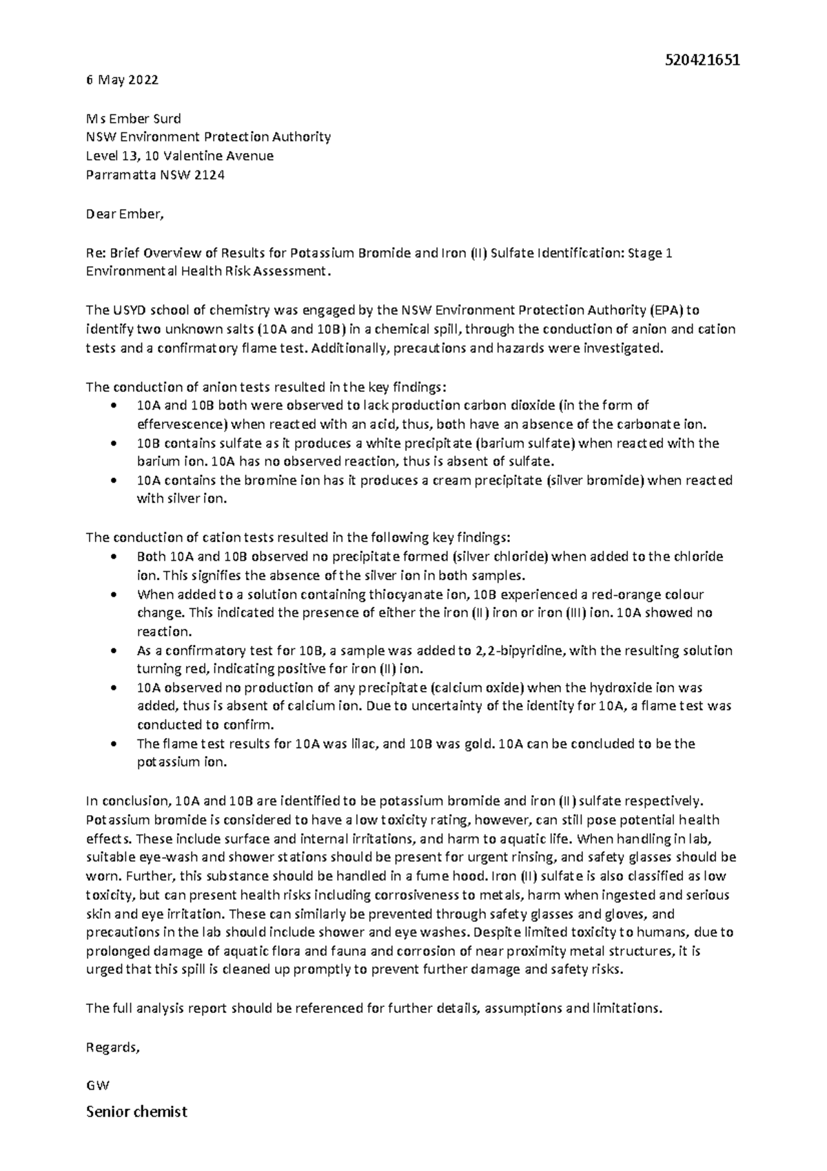 EPA Letter: Results & Risks of KBr & Fe(II)SO4 Identification - Studocu