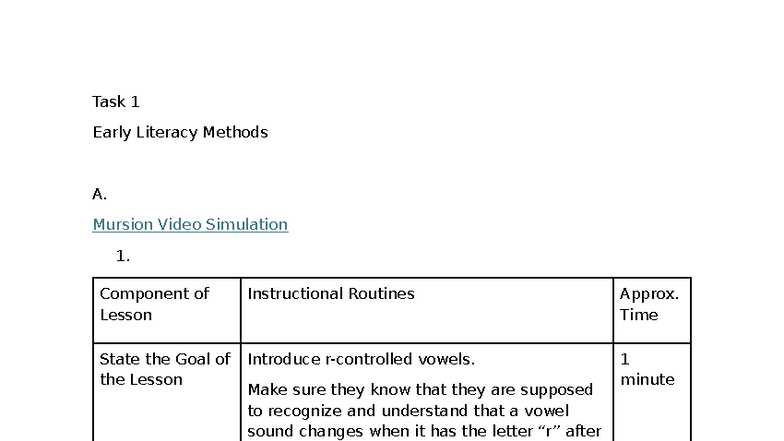 Early Literacy Methods Task 1: Vowel Instruction Strategies - Studocu