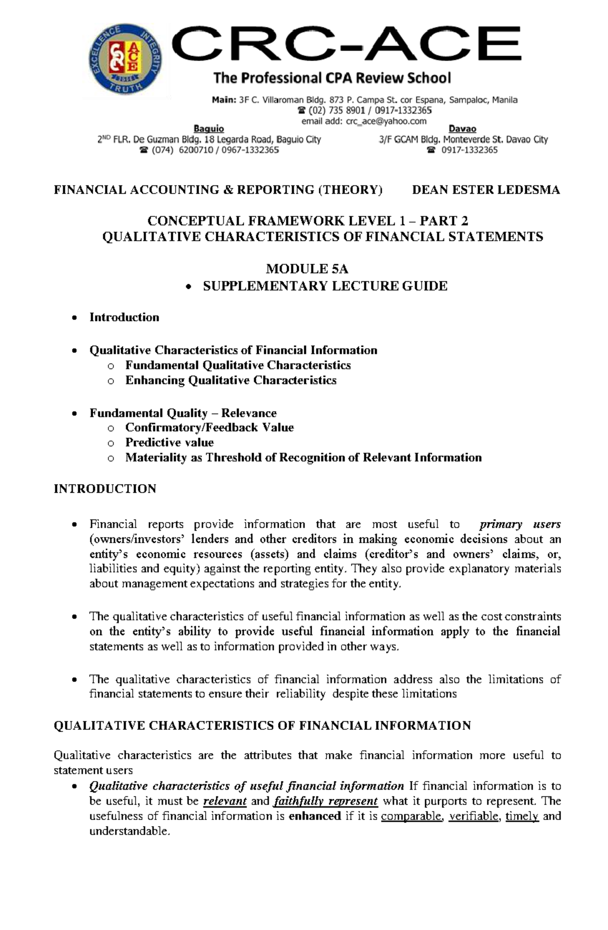 FINANCIAL ACCOUNTING REPORTING (THEORY) MODULE 5A: QUALITATIVE ...