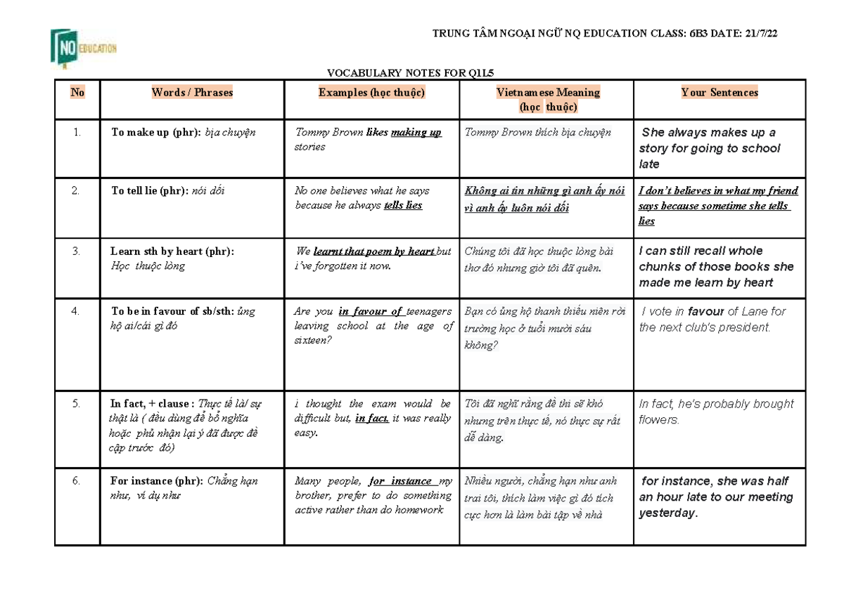 6B3 Vocabulary Notes for Q1L5 - NQ Education - Studocu