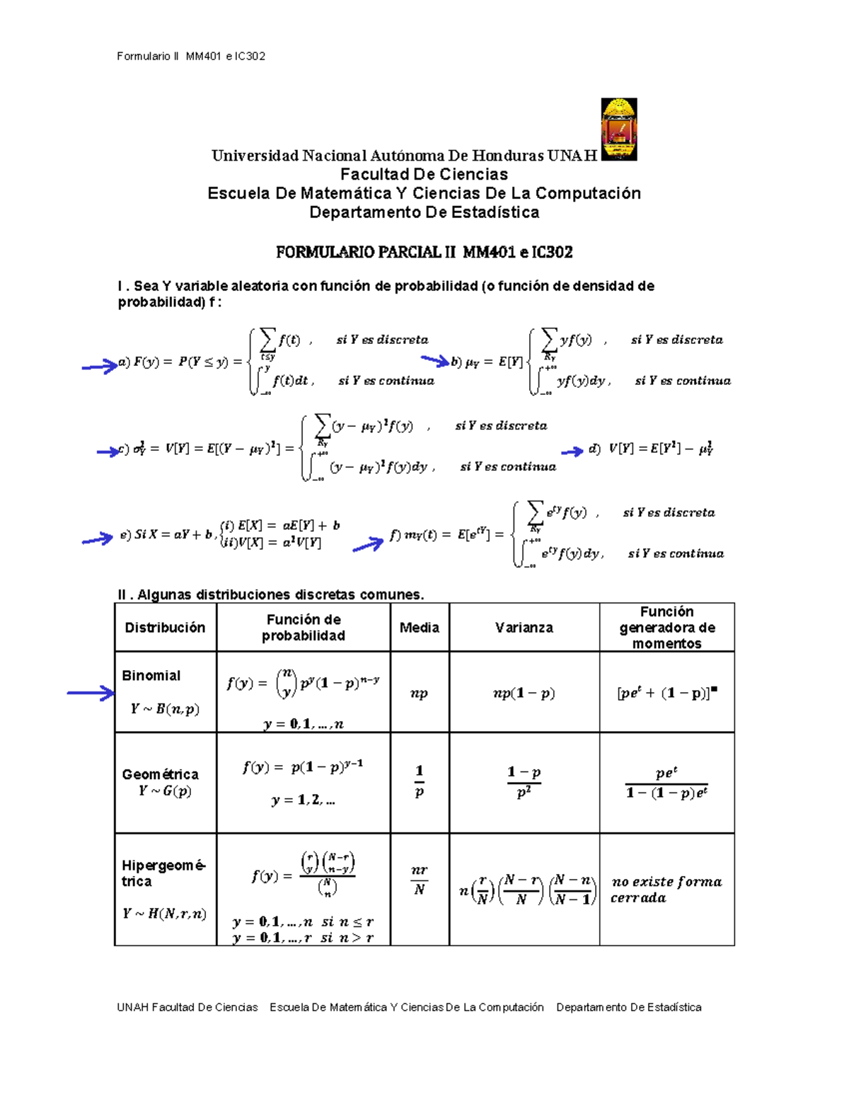 Formulas II MM401 e IC302 - Anotaciones y Distribuciones Discretas ...