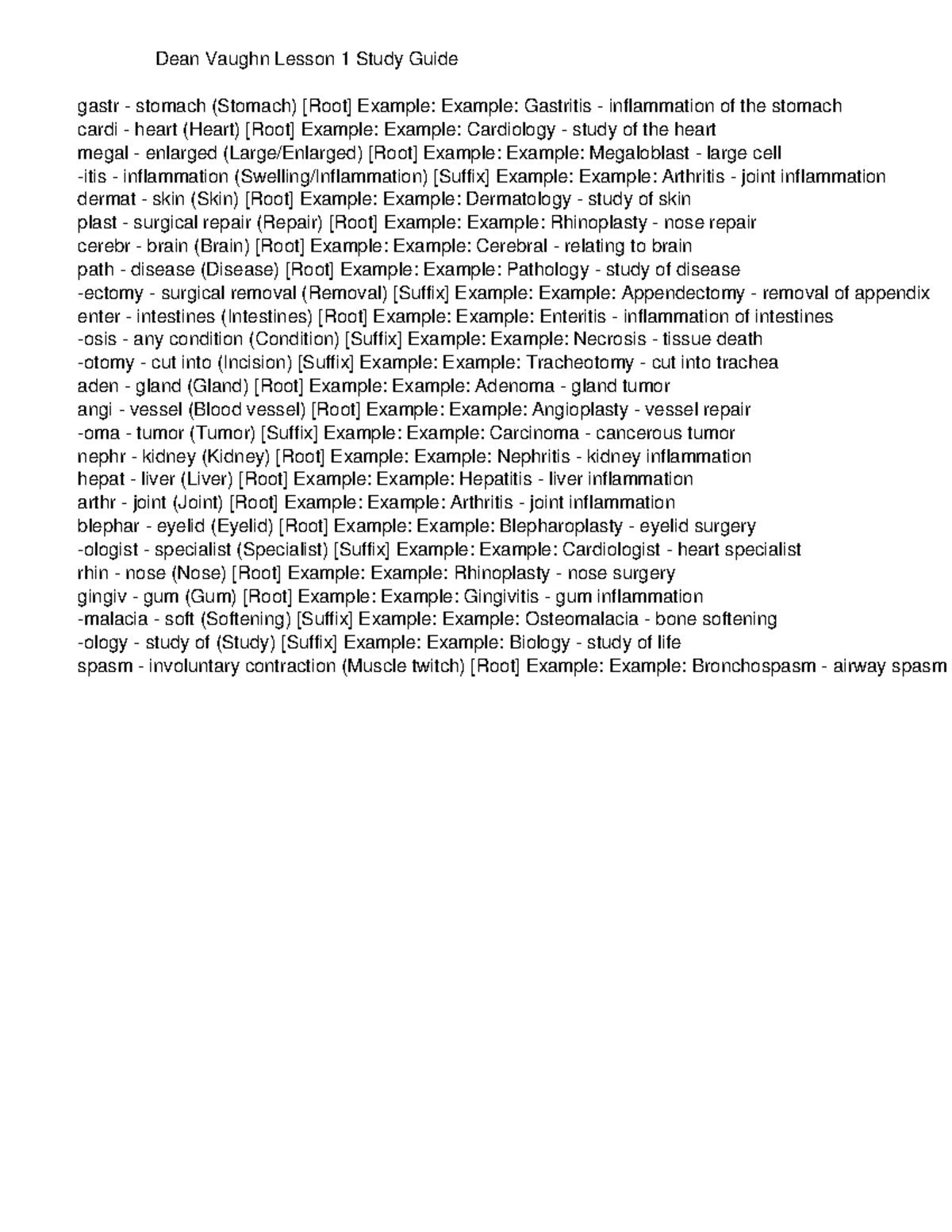 Dean Vaughn Lesson 1 Study Guide: Medical Terminology Basics - Studocu