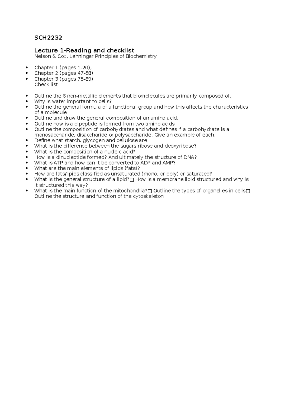 SCH2232 Lecture 1: Biochemistry Essentials & Key Concepts - Studocu