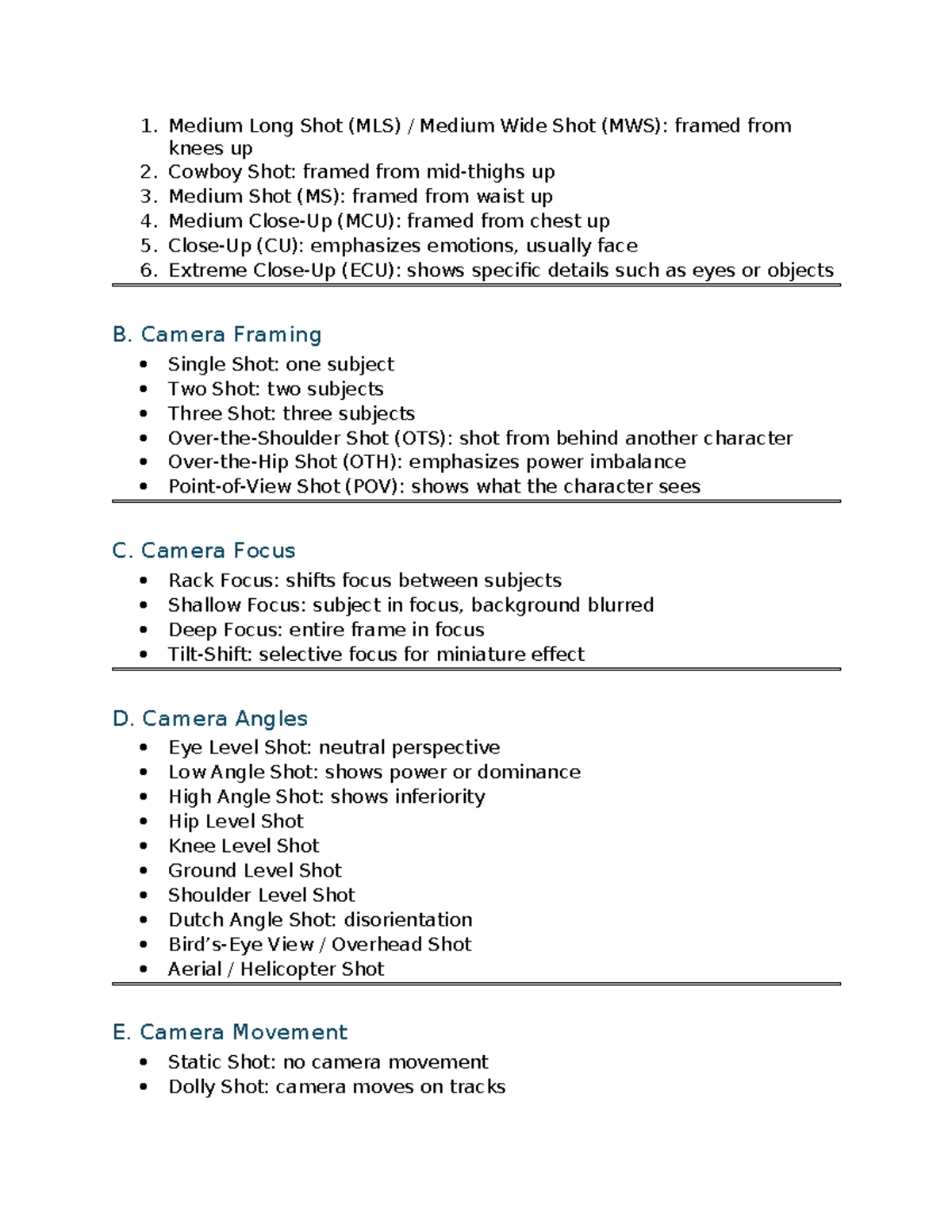 Camera Techniques Overview - BNHHGFDDB - Studocu