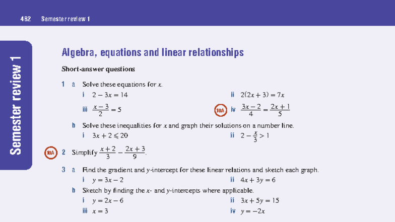 Semester Review 1: Algebra, Equations & Linear Relationships 10A - Studocu