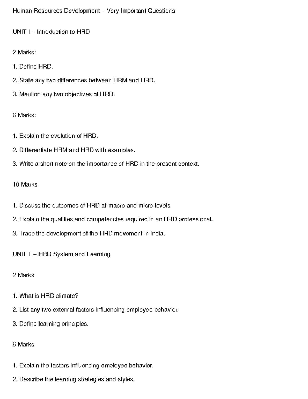 MBA HRD Important Theory Questions - Unit I to IV - Studocu