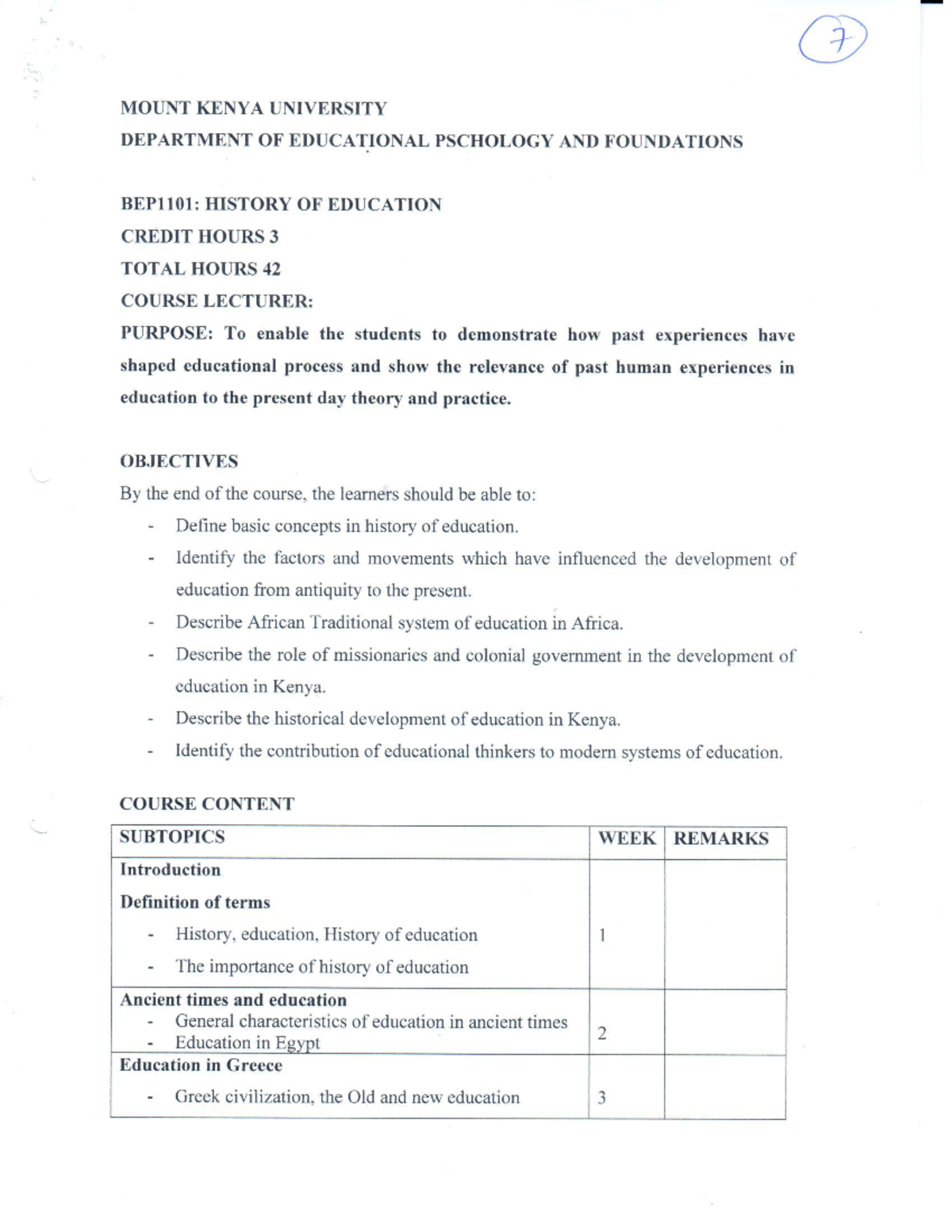 BEP1101: History of Education Course Overview and Objectives - Studocu