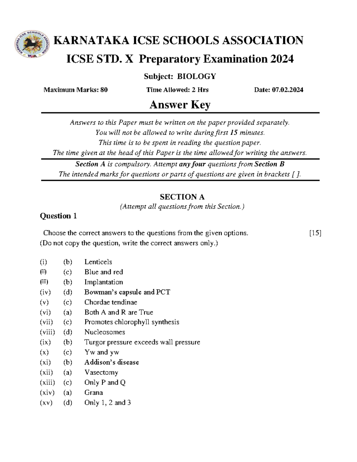 KISA Answer KEY (2)BIO - KARNATAKA ICSE SCHOOLS ASSOCIATION ICSE STD. X ...