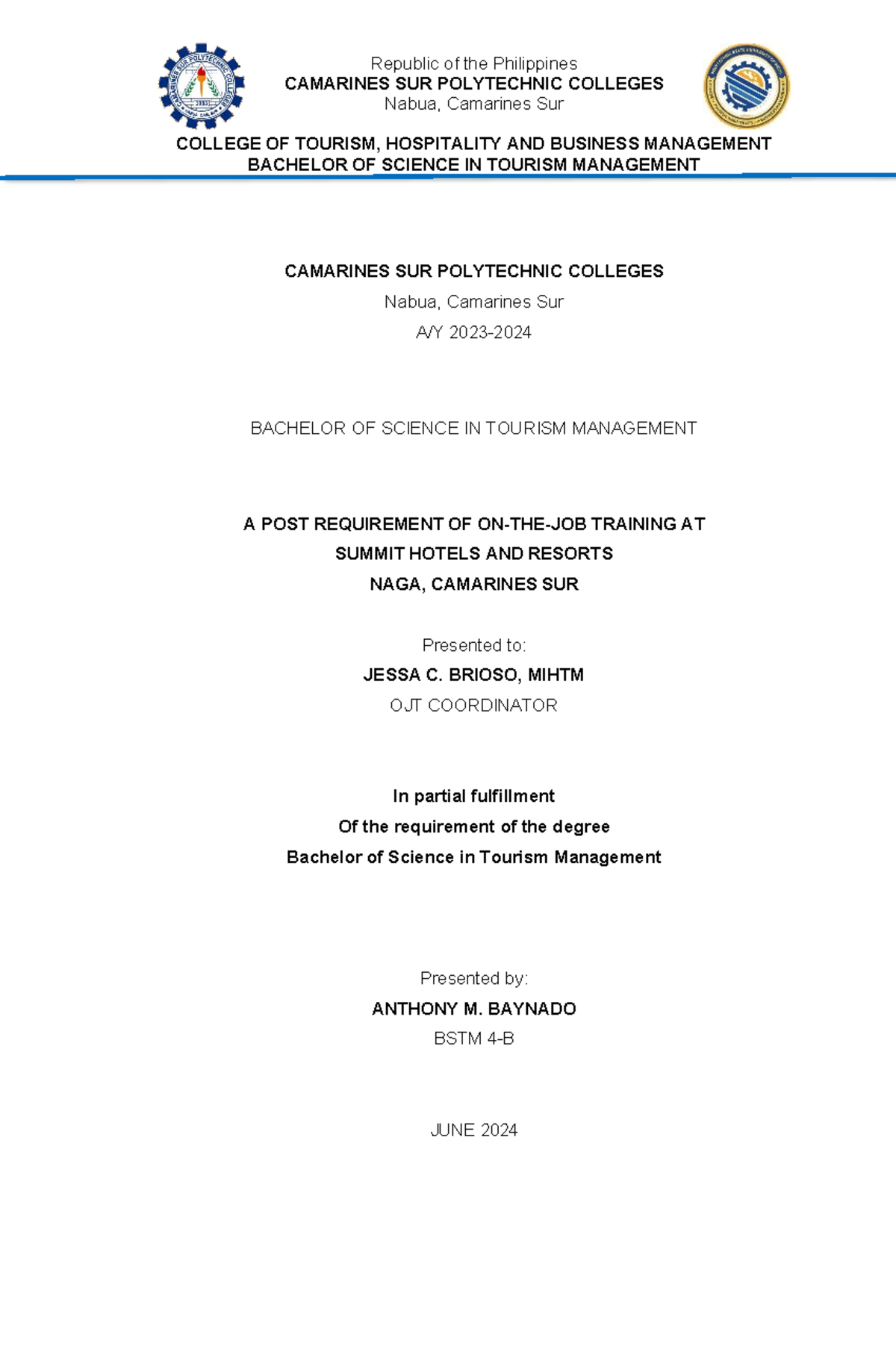 OJT Narrative Report by Anthony M. Baynado - BSTM 4B - Studocu