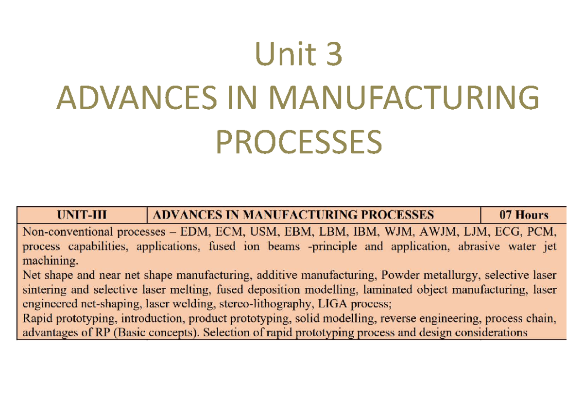 Unit 3: Advances in Manufacturing Processes - UCM & Techniques - Studocu