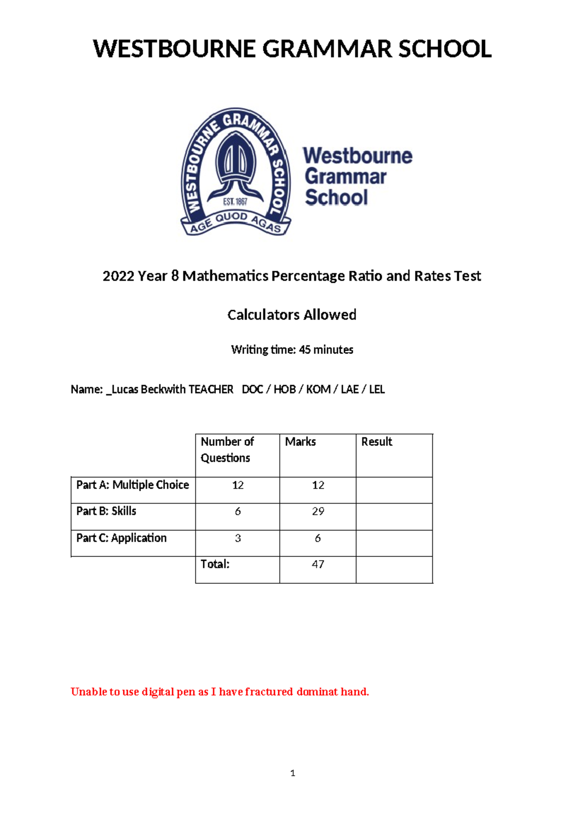 2022 Year 8 Mathematics Test: Percentages, Ratios & Rates - Studocu