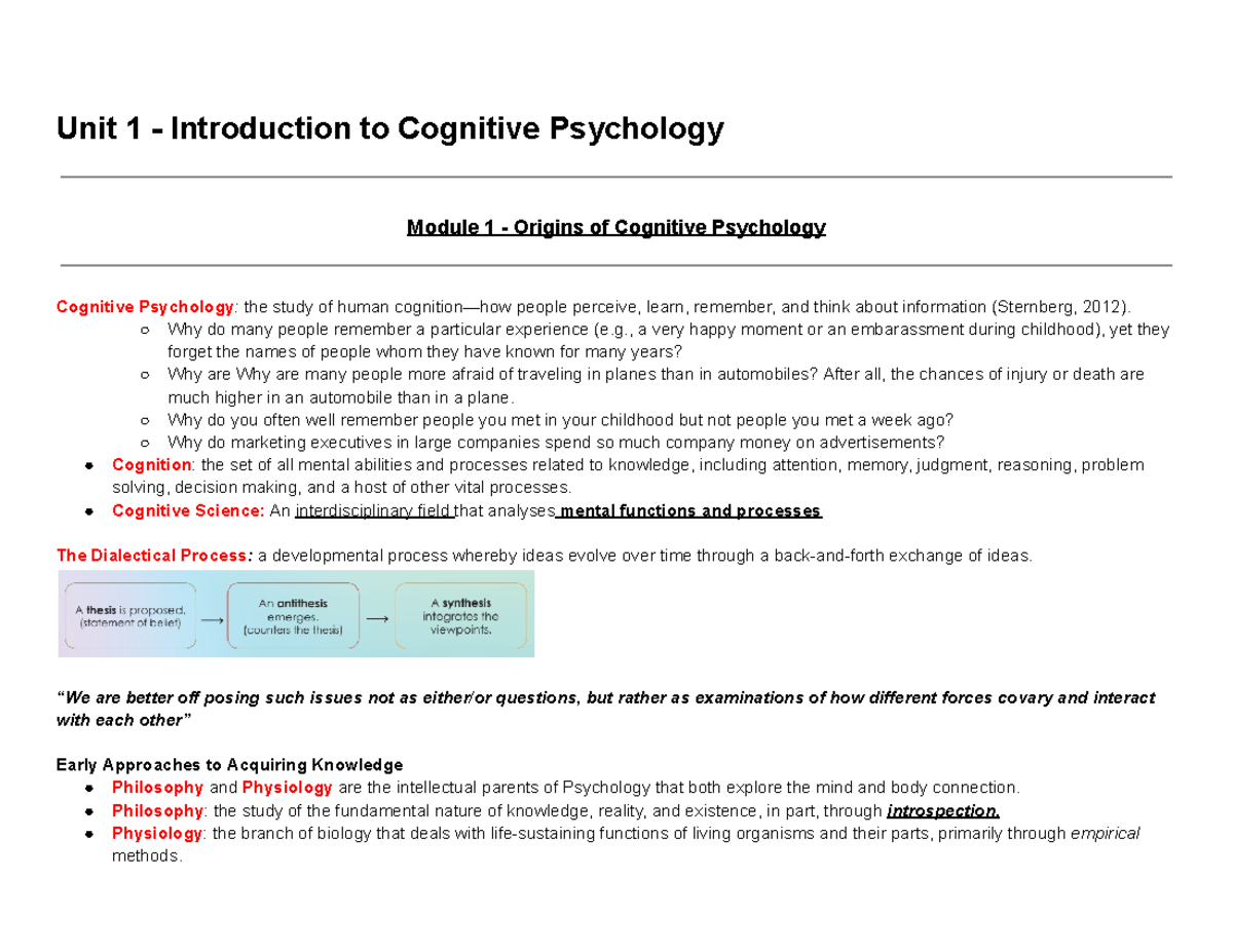 Cognit Reviewer - Unit 1 - Introduction to Cognitive Psychology Module ...