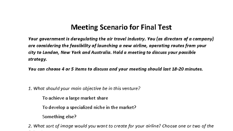 Meeting Scenario for Final Test: Launching a New Airline - Studocu