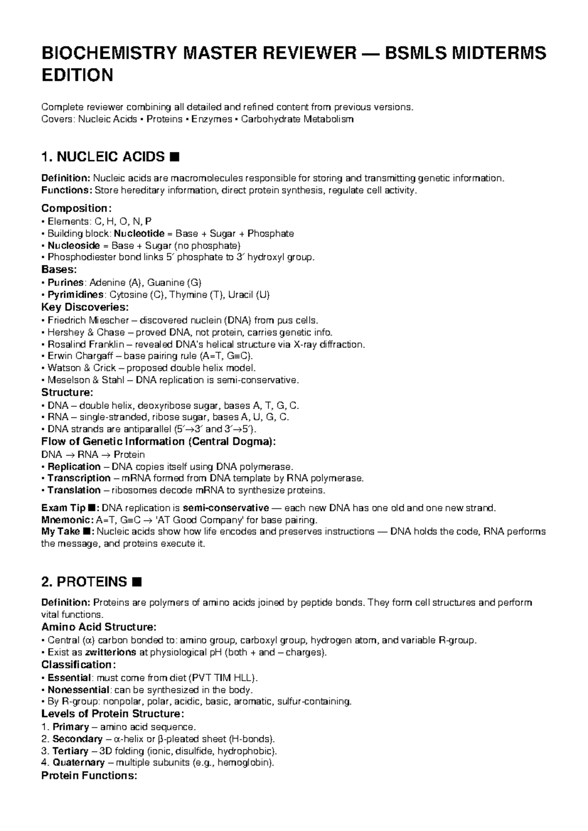 BIOCHEMISTRY MASTER REVIEWER BSMLS MIDTERMS EDITION - Studocu