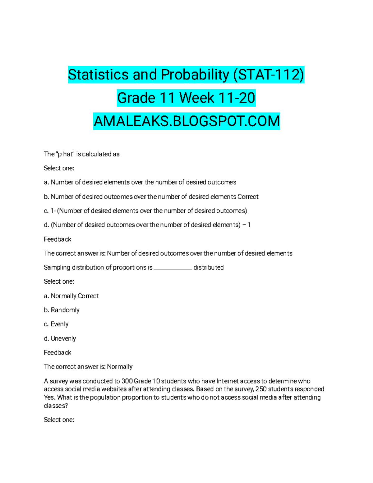 Statistics (STAT-112) - Grade 11 Week 11-20 Quiz Notes - Studocu