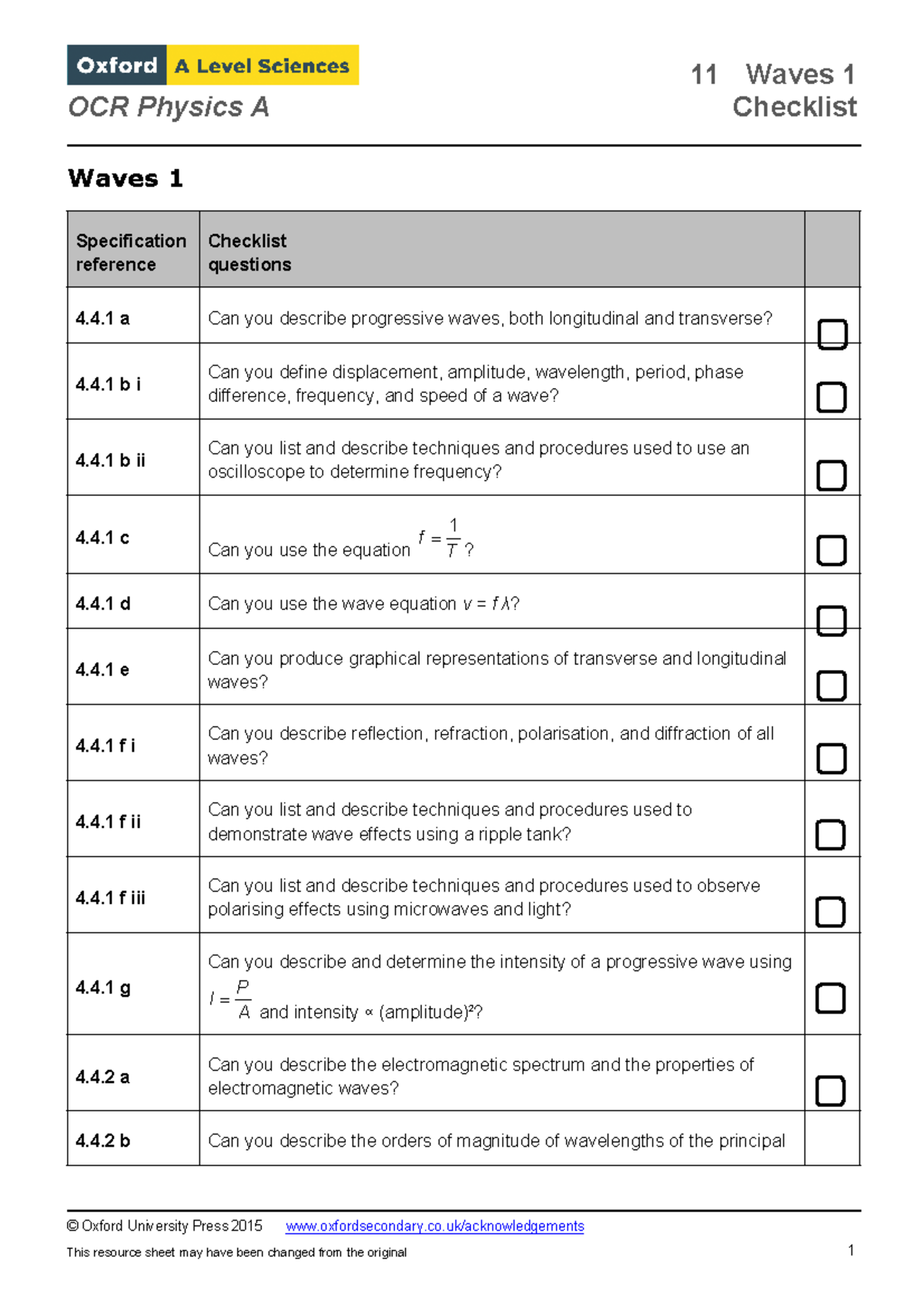 11 Waves 1 Checklist - OCR Physics A Wave Concepts & Techniques - Studocu