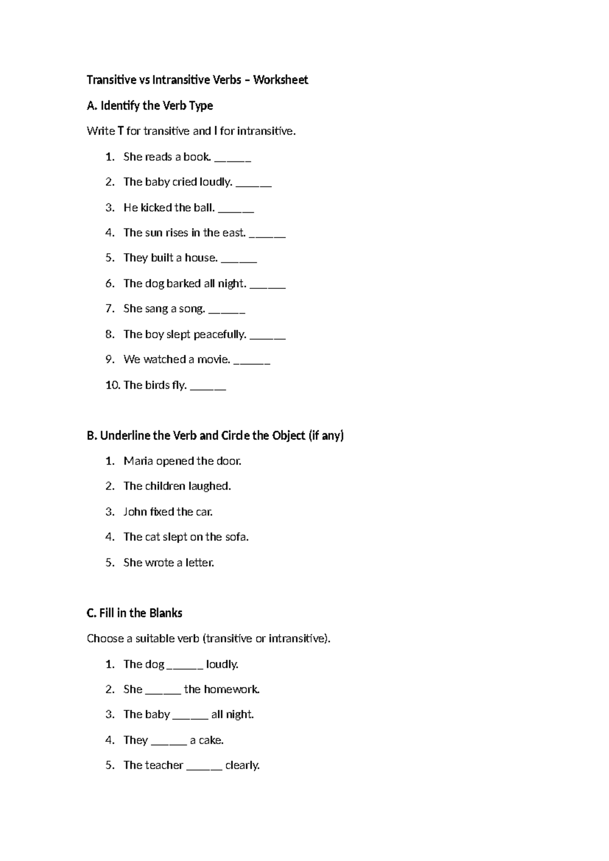 Transitive vs Intransitive Verbs Worksheet A: Identify Verb Types - Studocu