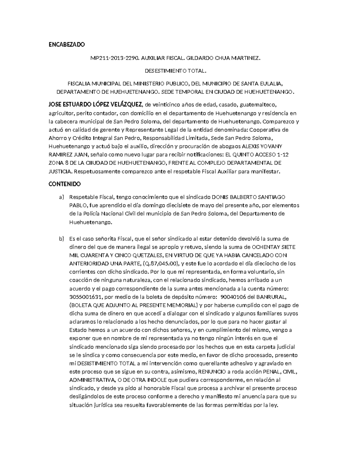 Memorial Penal: Desistimiento Total - Caso Donis Balberto Santiago ...