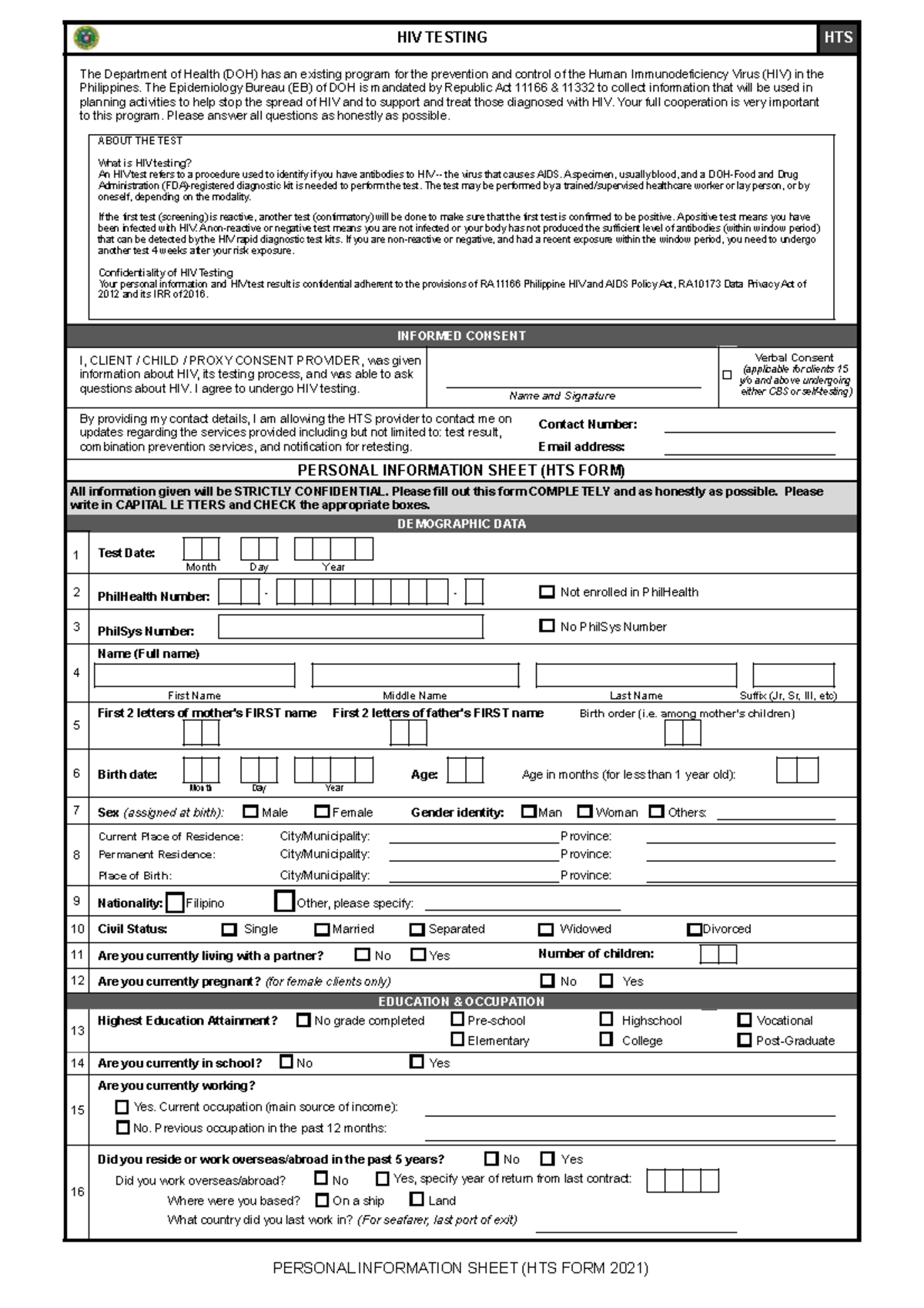 Hiv testing fillable form - PERSONAL INFORMATION SHEET (HTS FORM 2021 ...