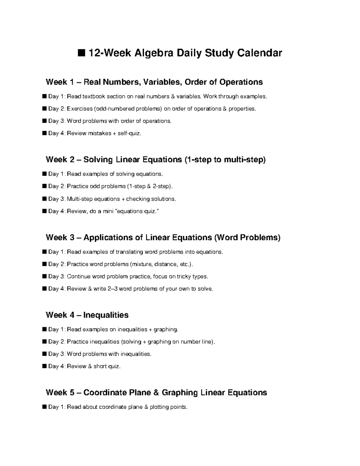 Algebra 12 Weekly Study Calendar: Real Numbers to Polynomials - Studocu