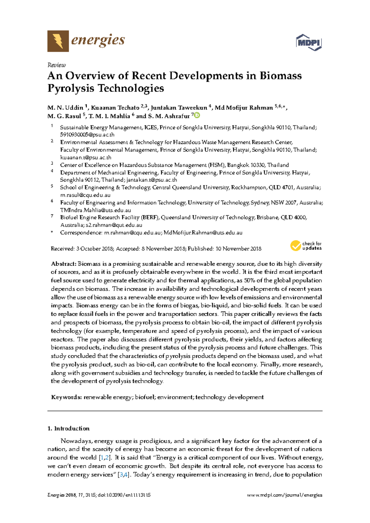 Energies 11: Overview of Biomass Pyrolysis Technologies and ...