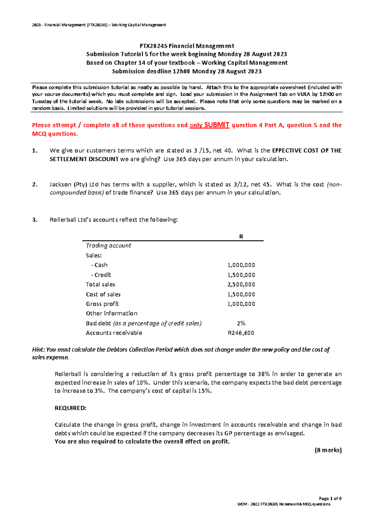 2023 FTX2024S WCM Homework MCQ questions - Page 1 of 6 FTX2024S Financial Management Submission ...