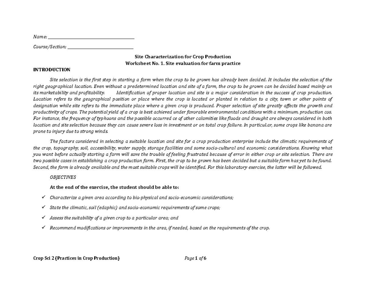 Activity 1: Site Selection for Crop Production - CRSC 2 Lab Guide - Studocu