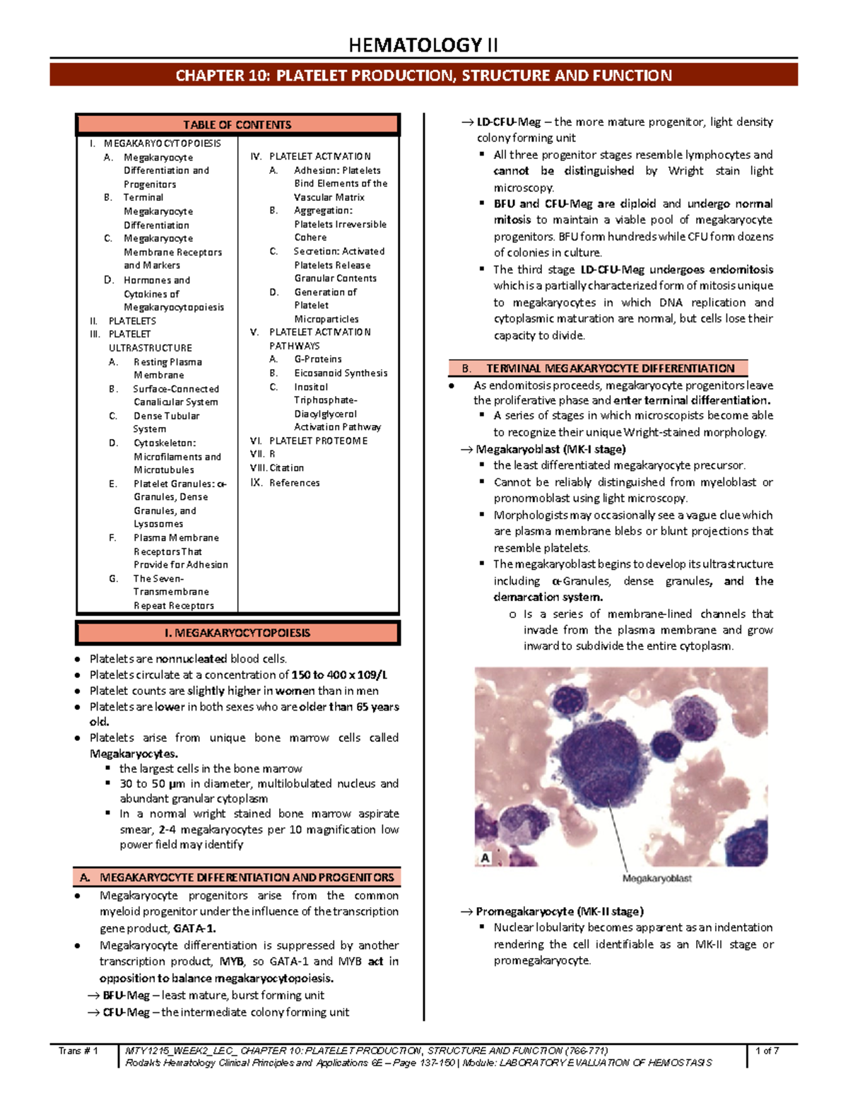 Hematology - Week 2 - Trans # 1 MTY1215_WEEK2_LEC_ CHAPTER 10: PLATELET PRODUCTION, STRUCTURE ...