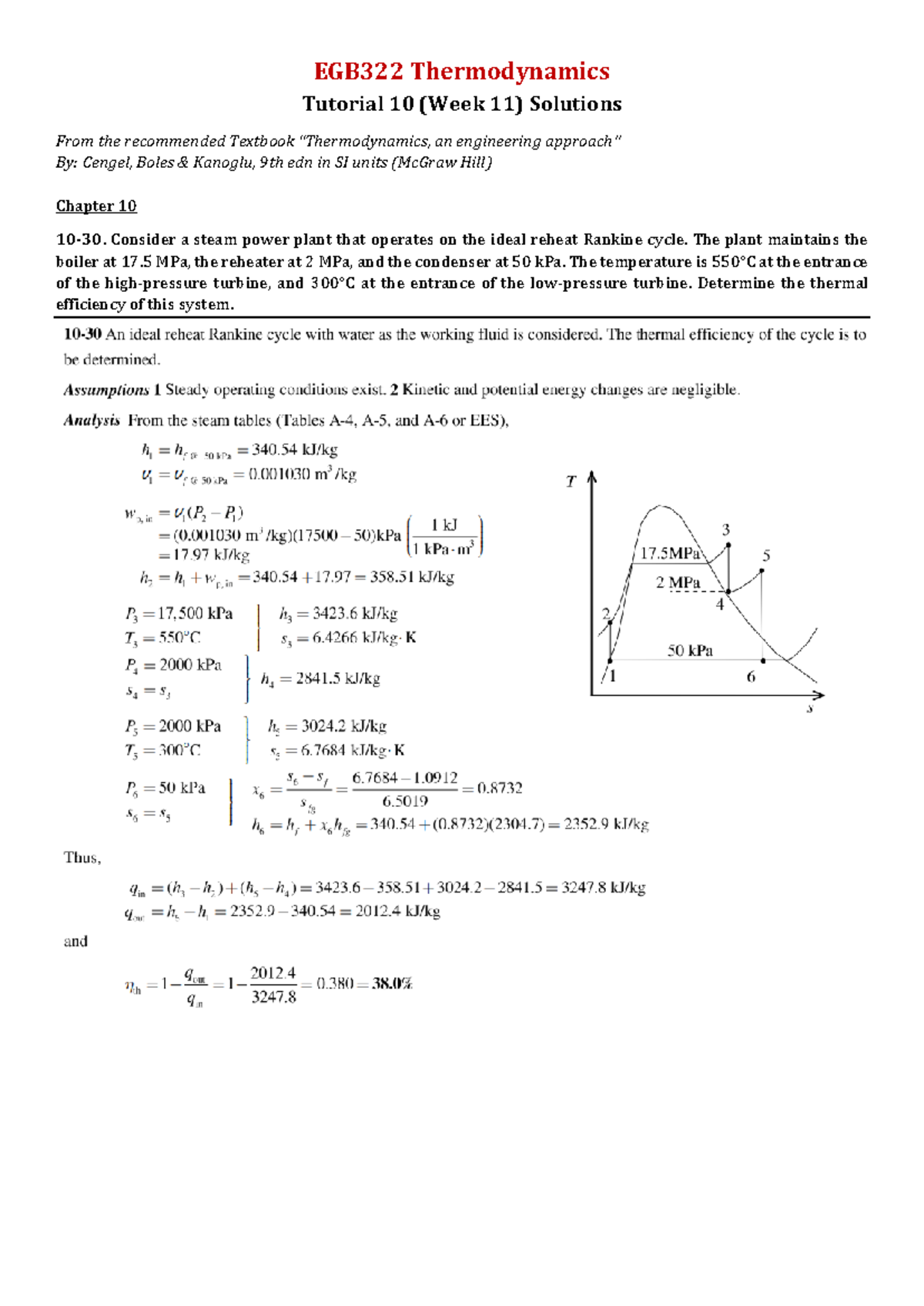 EGB322 Thermodynamics - Week 11 Tutorial Solutions Summary - Studocu