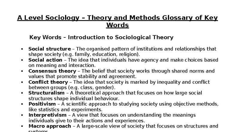 A Level Sociology: Theory and Methods Key Terms Glossary - Studocu
