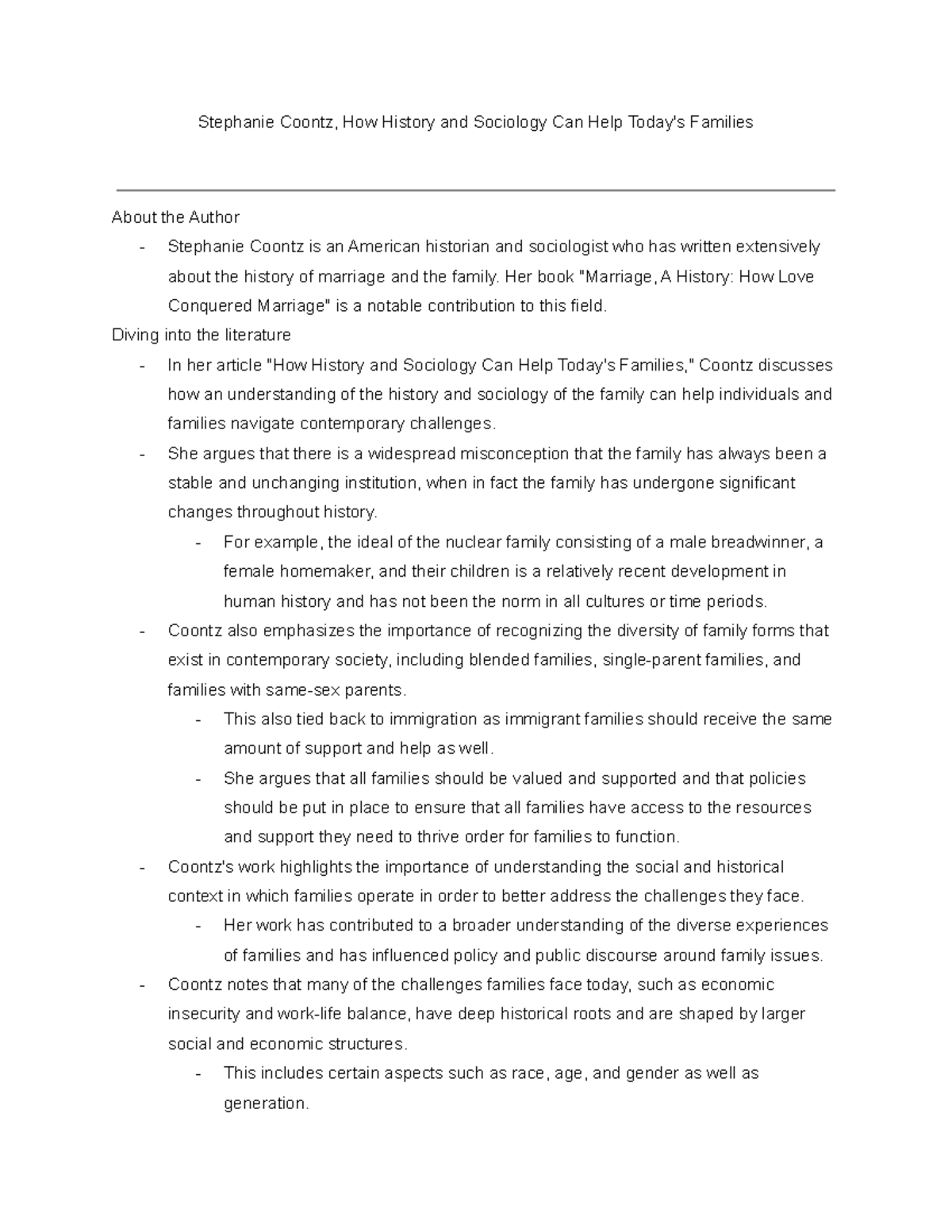 Soc 100 - Coontz on History & Sociology's Role in Modern Families - Studocu