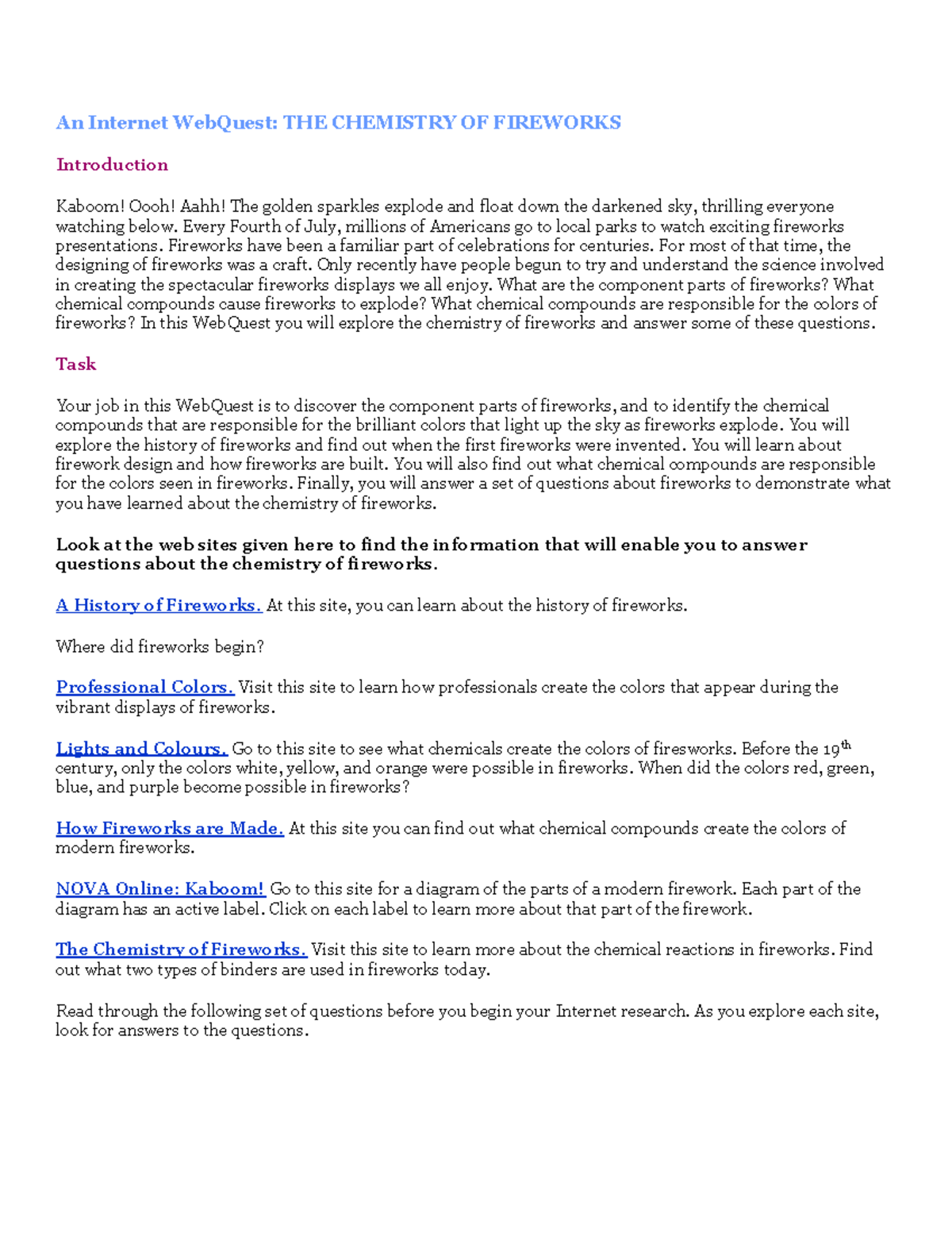 Chemistry of Fireworks WebQuest - Exploring Color & Components - Studocu