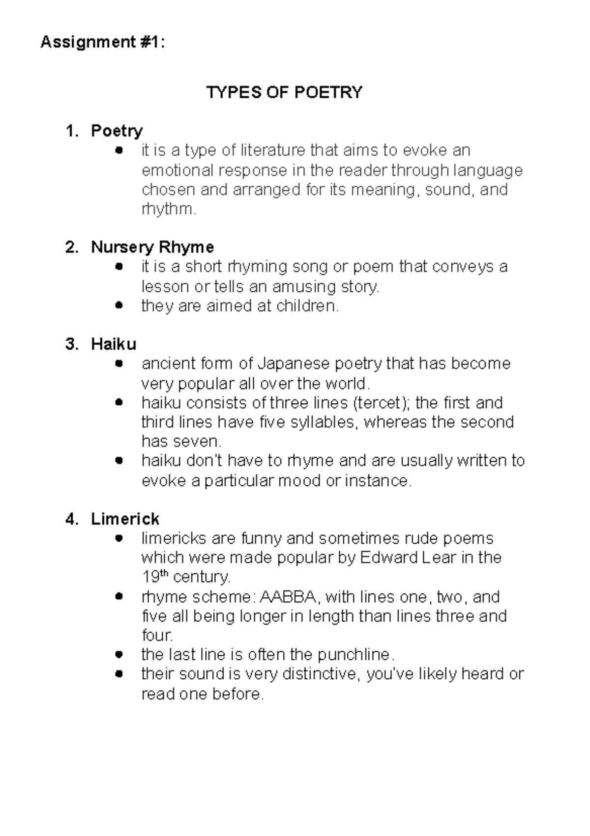 Types OF Poetry - Assignment #1: TYPES OF POETRY Poetry it is a type of ...